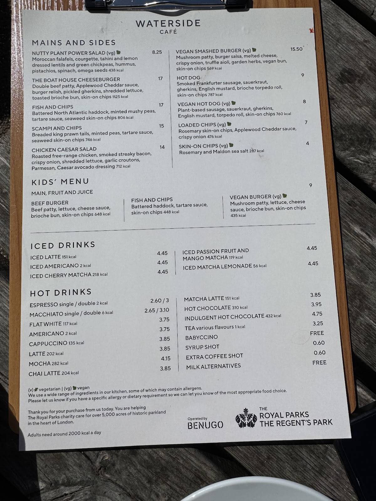 Menu at The Waterside Café cafe, London, The Regent's Park