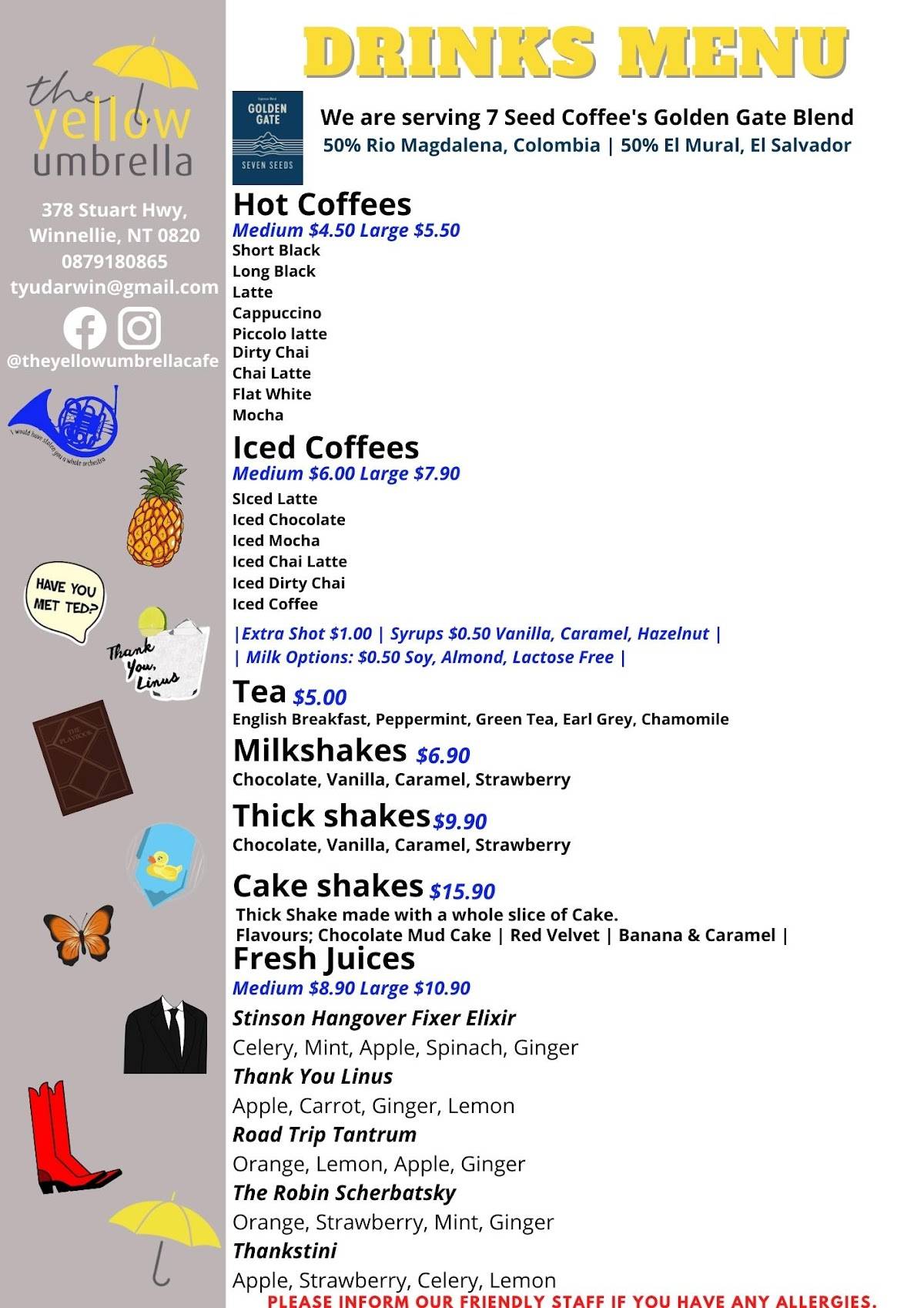 Menu at The Yellow Umbrella Cafe, Winnellie