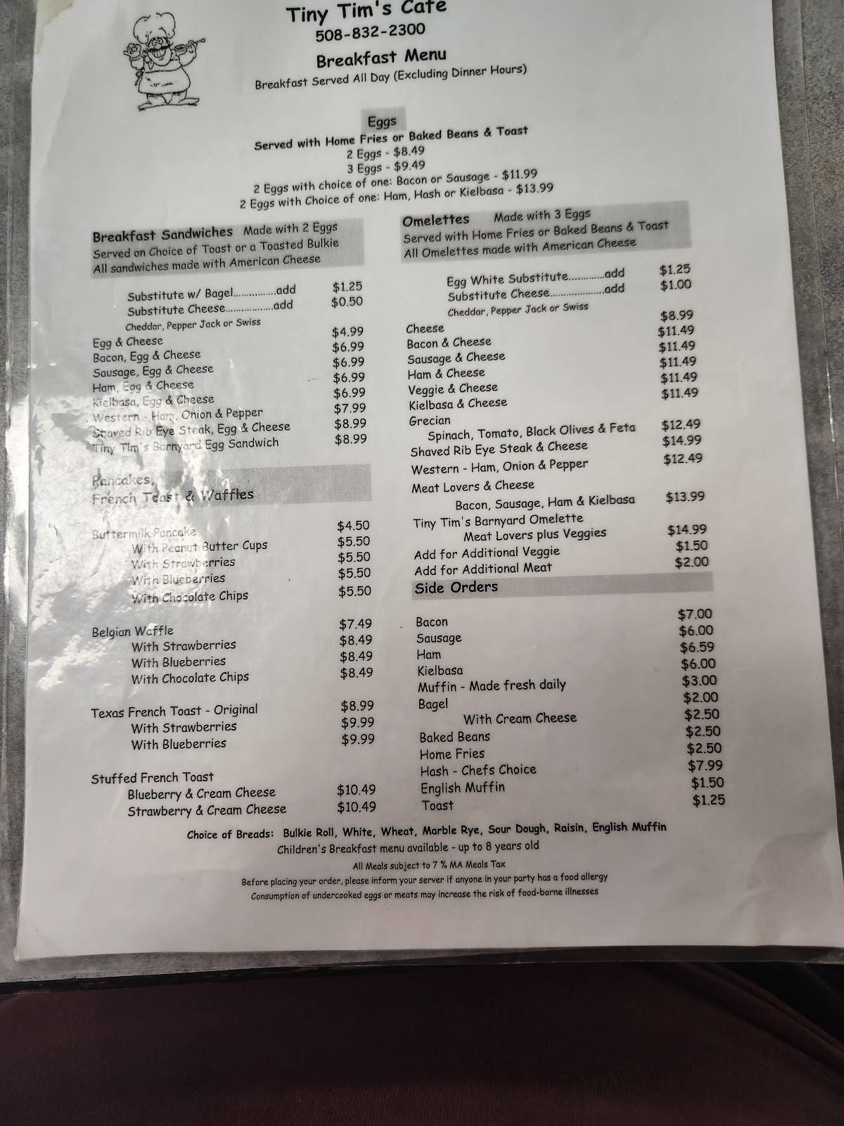 Menu at Tiny Tims Cafe, Auburn, 500 Washington St