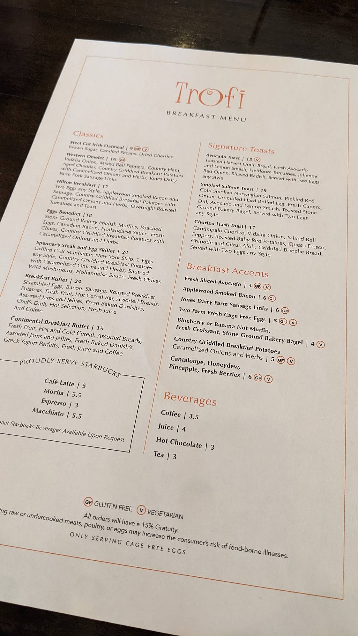 Menu at Trofi restaurant, Salt Lake City