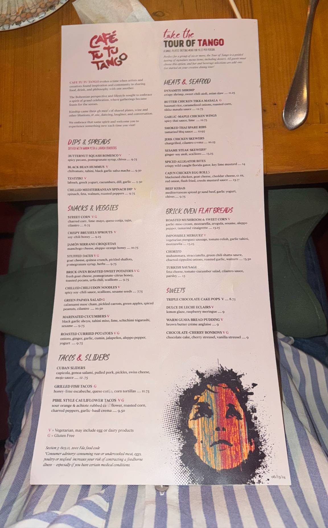 Menu at Café Tu Tu Tango restaurant, Orlando, International Dr