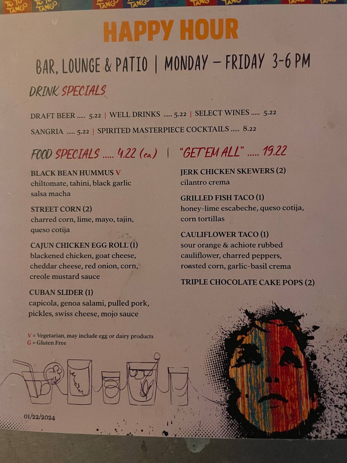 Menu at Café Tu Tu Tango restaurant, Orlando, International Dr