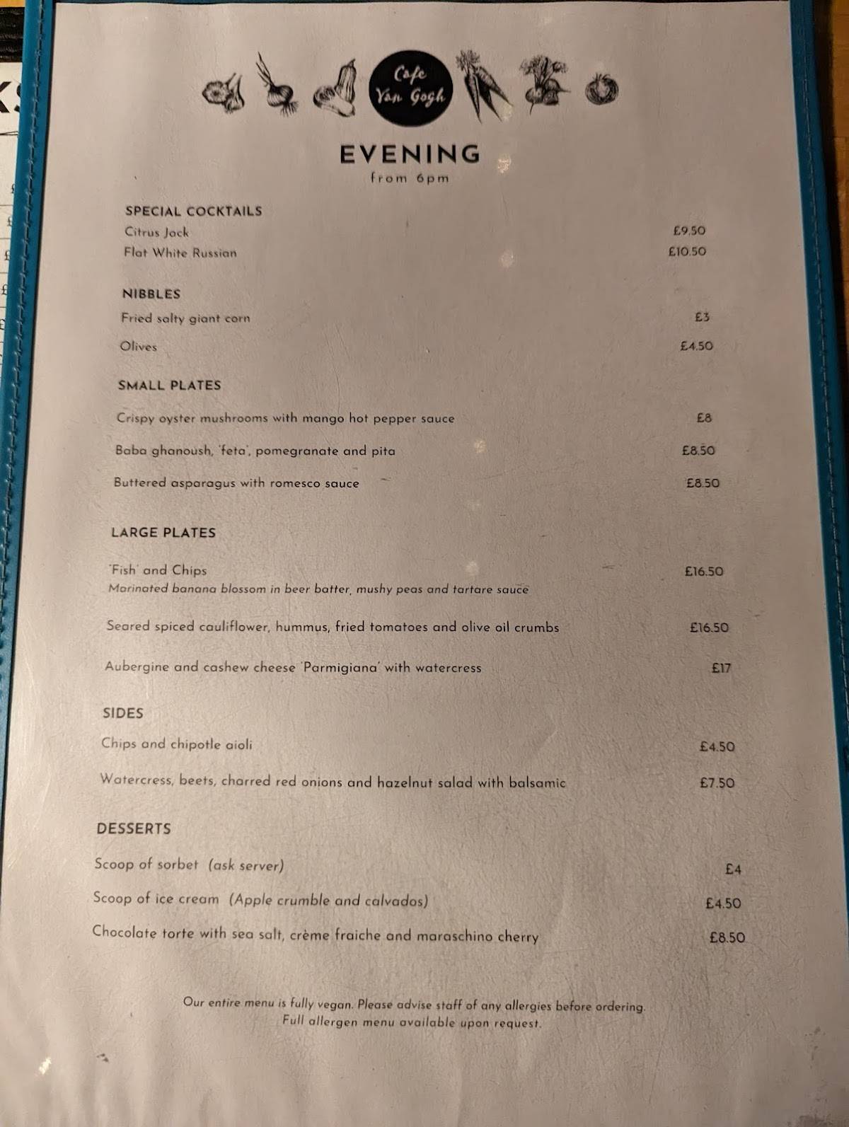 Carta de Cafe Van Gogh, Londres, 88 Brixton Rd