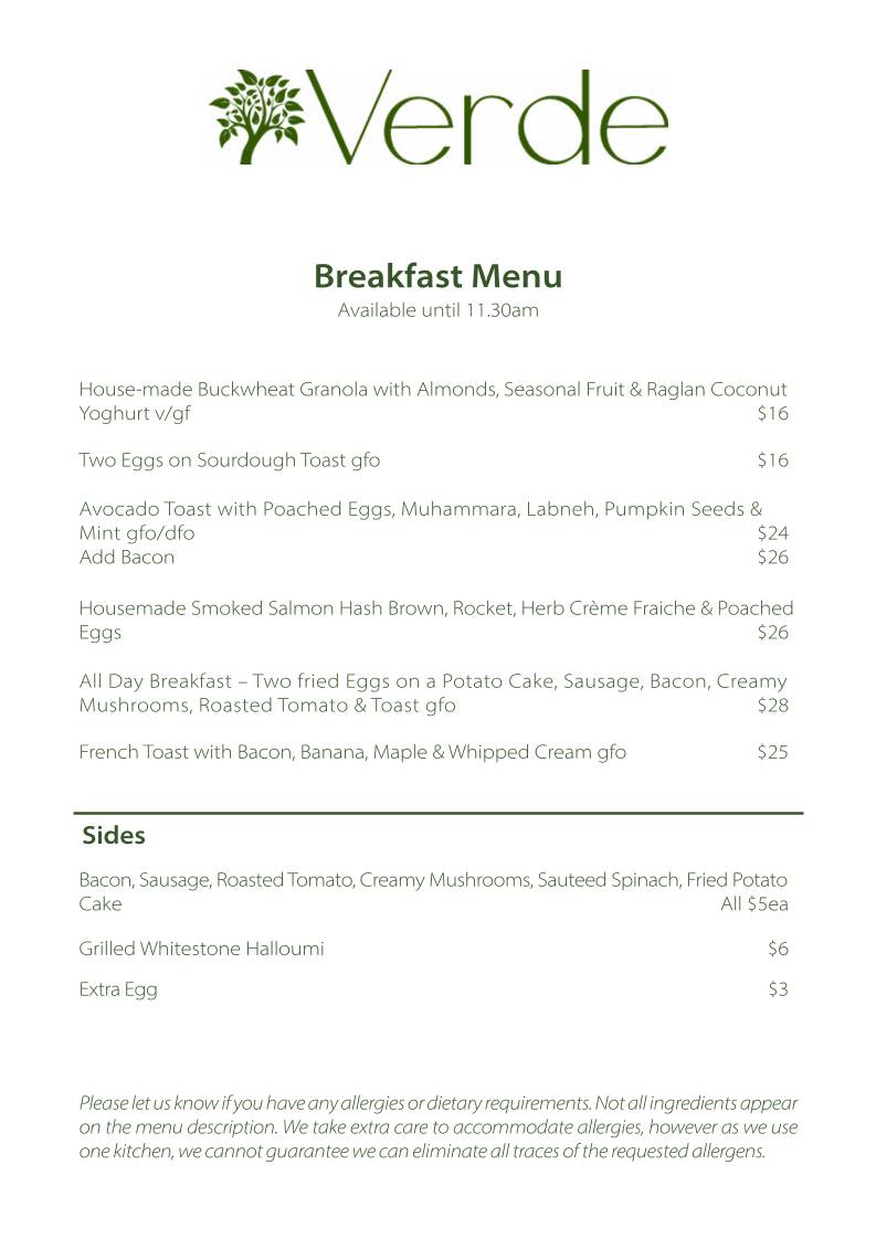 Menu at Cafe Verde, Geraldine