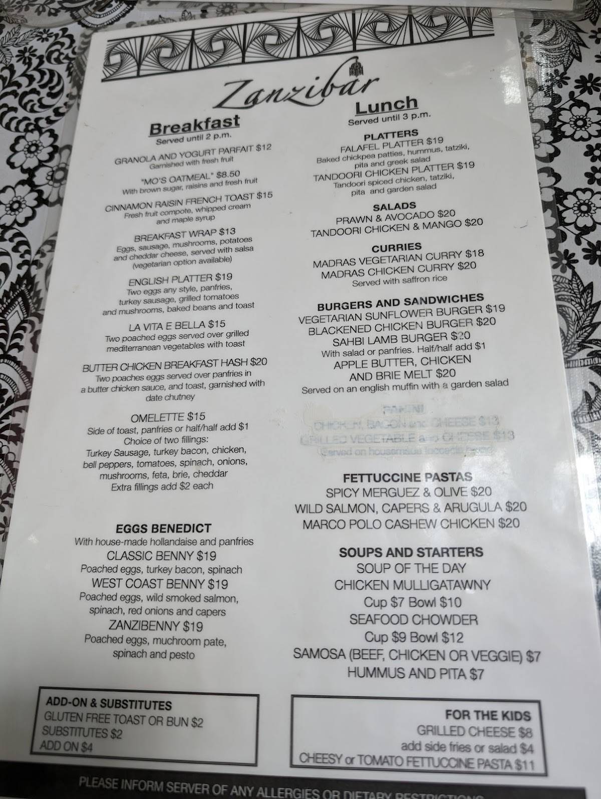 Menu at Cafe Zanzibar, Brentwood Bay