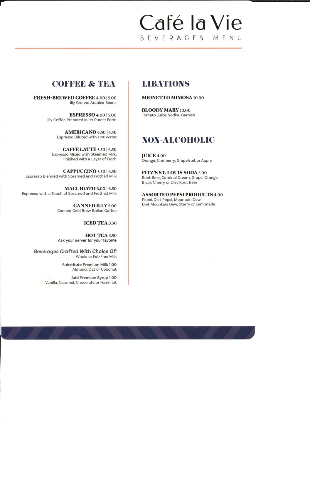 Menu at Café la Vie pub & bar, Clayton