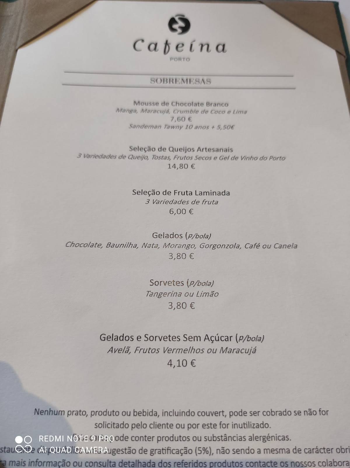 Menu at Cafeina, Porto