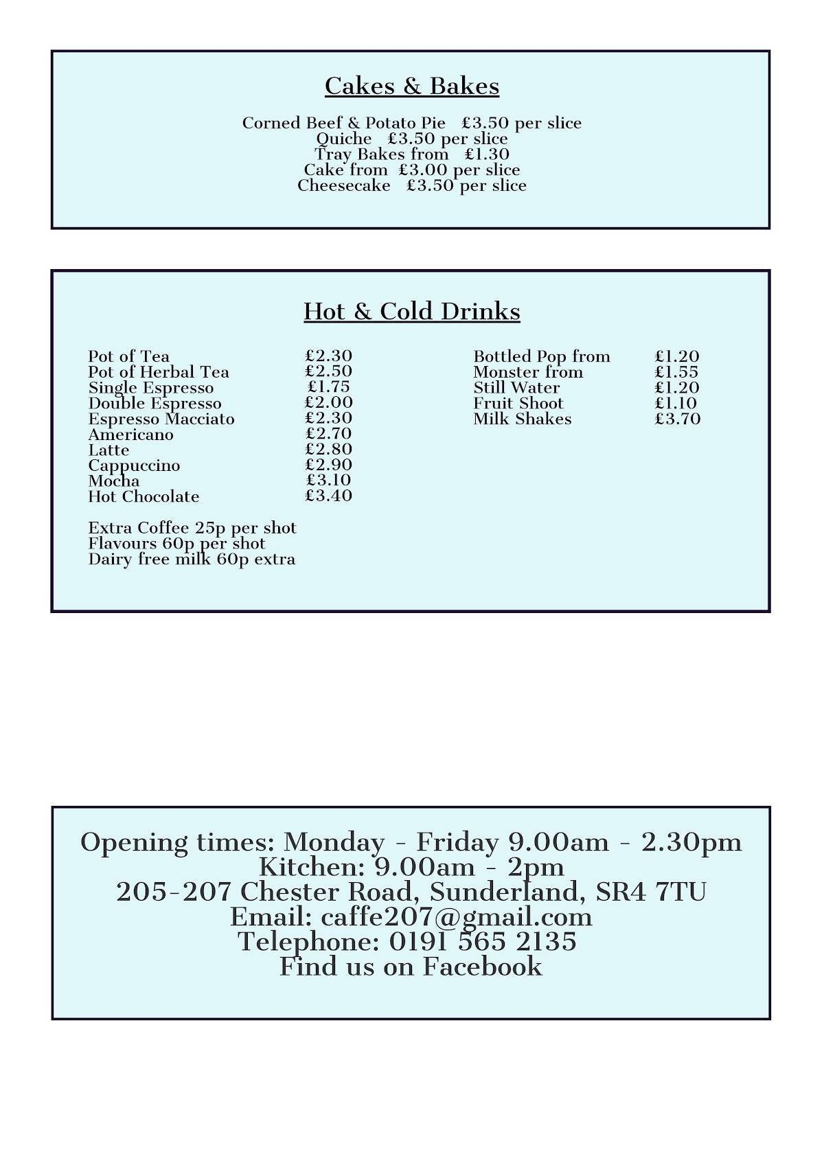 Menu at Caffé 207 cafe, Sunderland