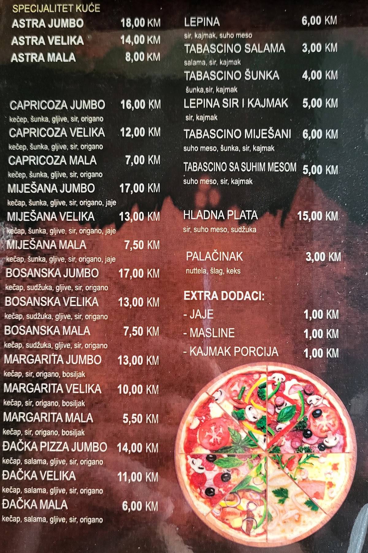 Menu at Caffe Pizzeria Astra, Banovići