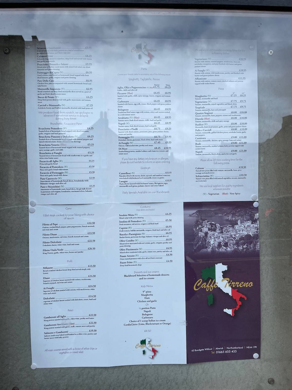 Menu at Caffe Tirreno restaurant, Alnwick