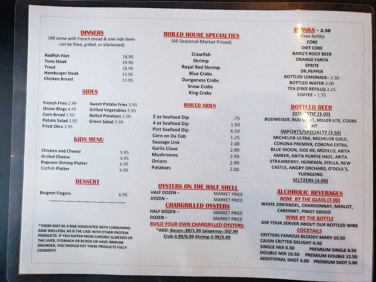 Menu at Cajun Critters restaurant, Houma, Alma St