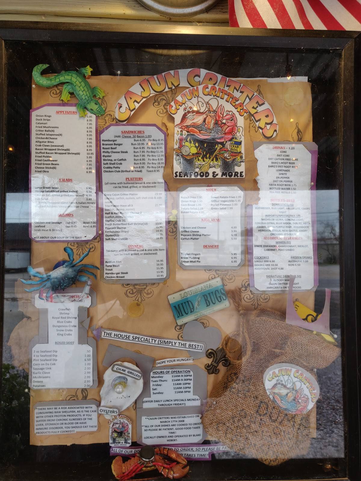 Menu at Cajun Critters restaurant, Houma, Alma St