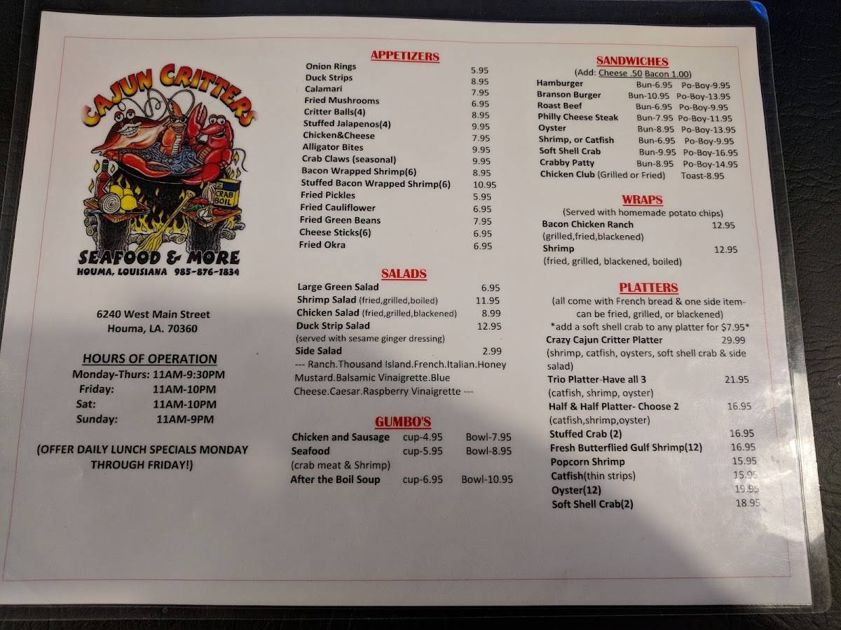 Menu at Cajun Critters restaurant, Houma, Alma St