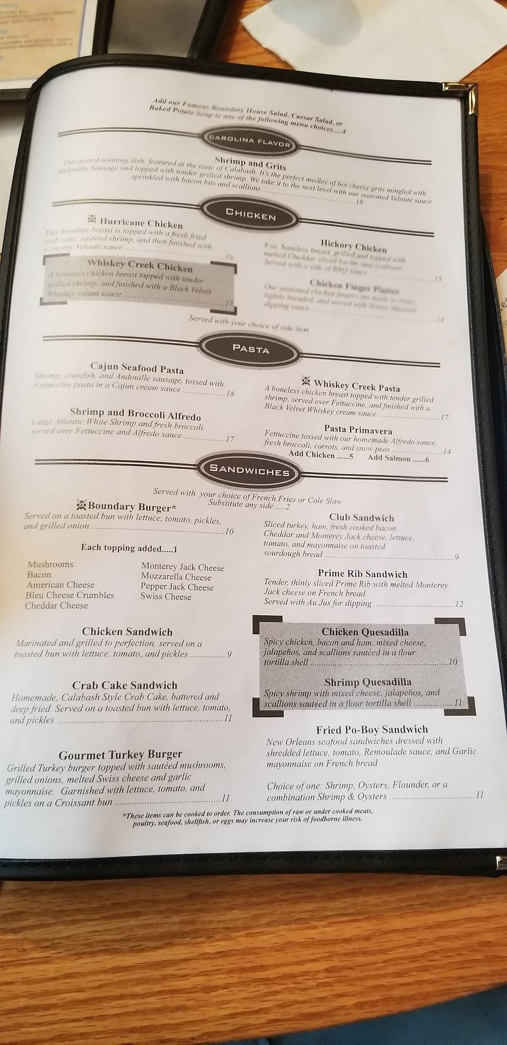 Menu at The Boundary House Restaurant, Calabash