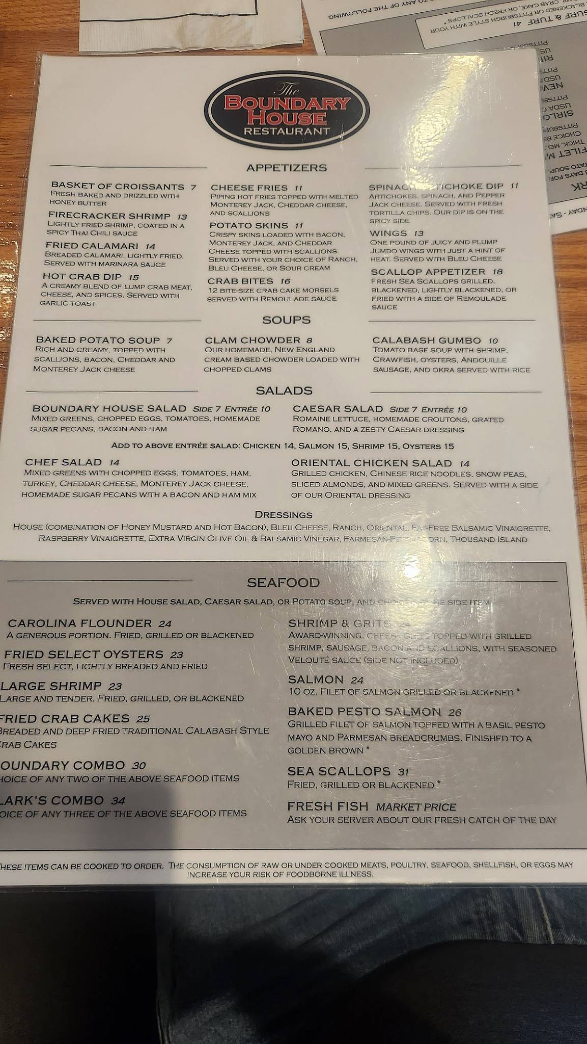 Menu at The Boundary House Restaurant, Calabash