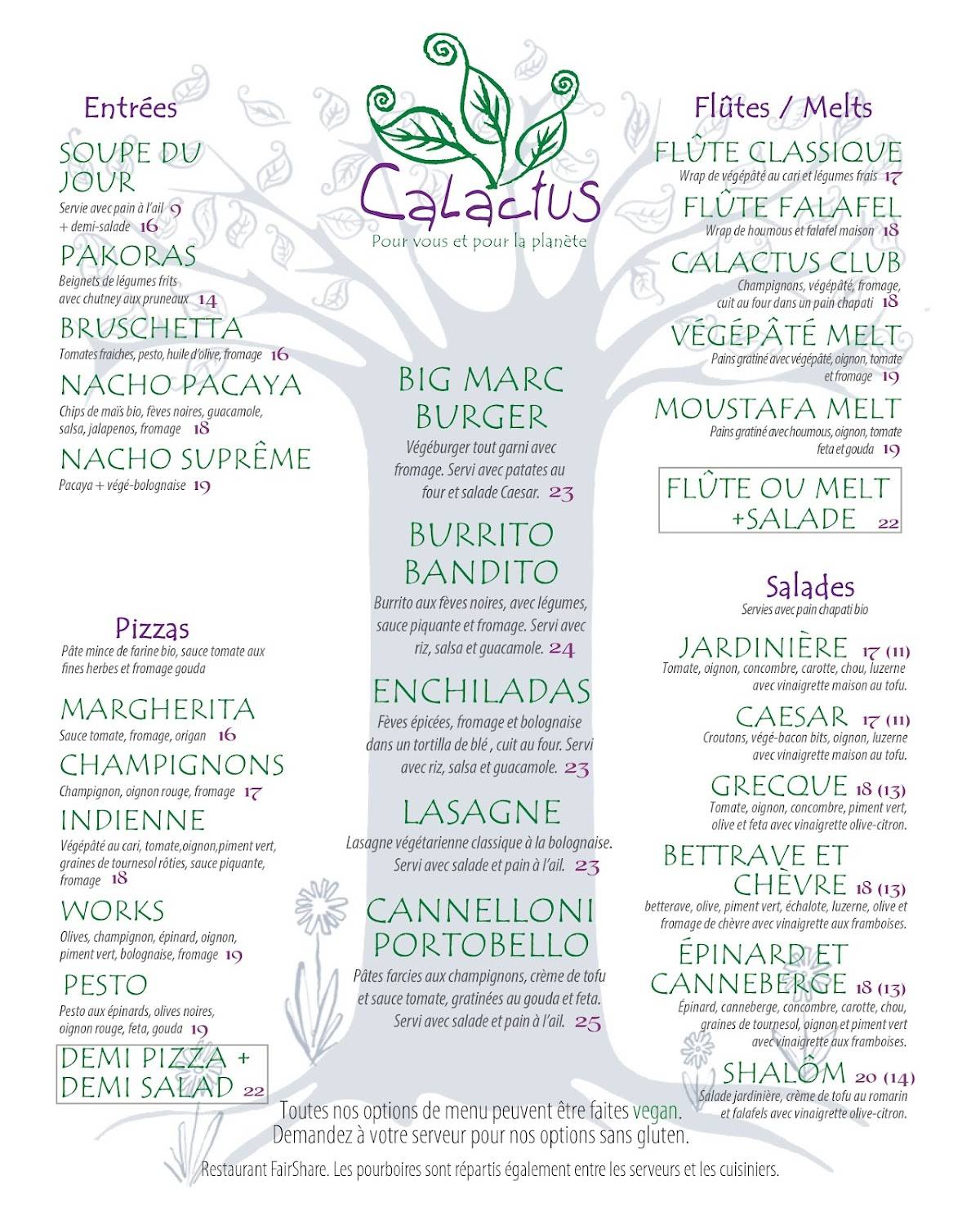 Menu at Calactus restaurant, Moncton