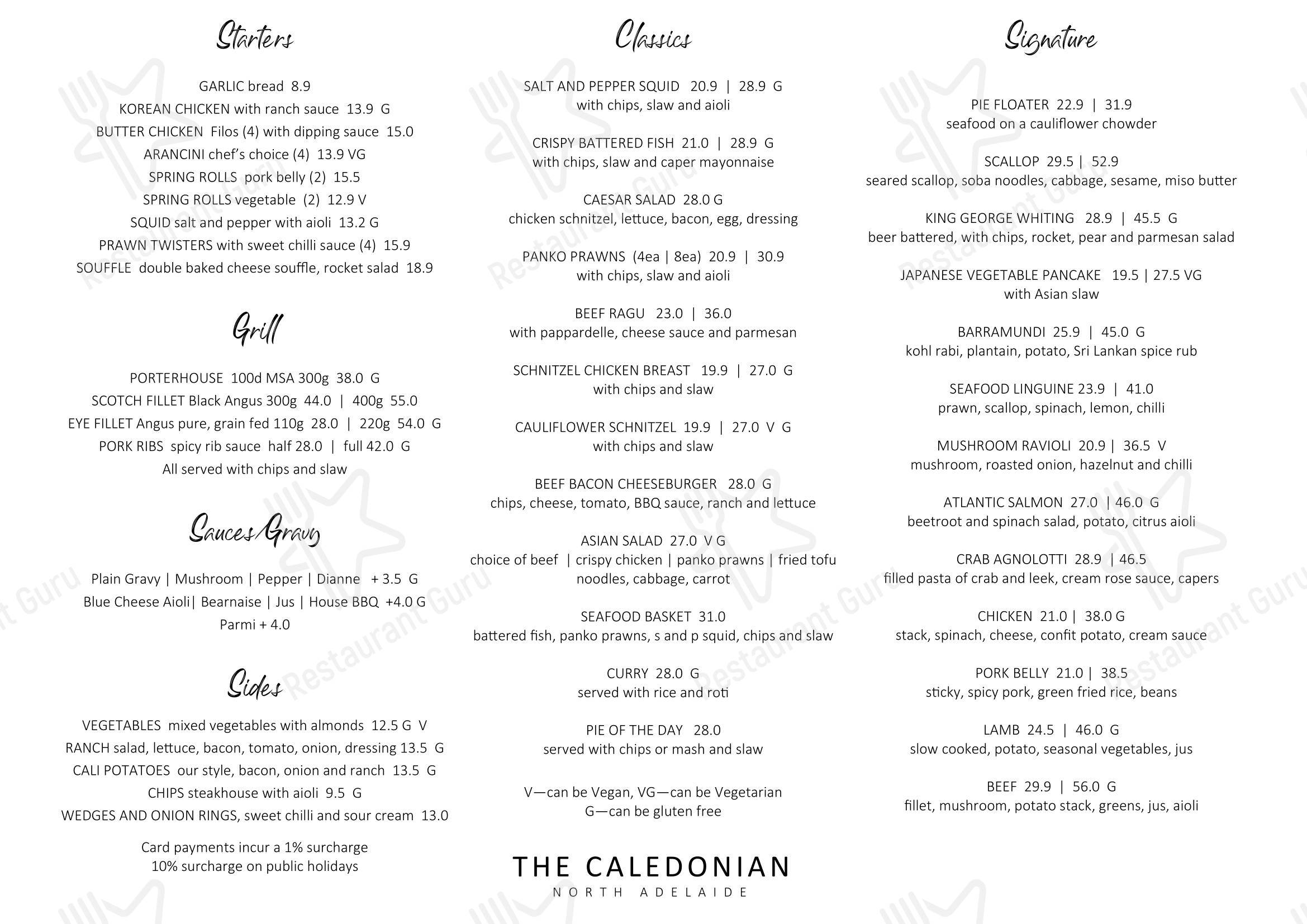Menu at Caledonian Hotel pub & bar, North Adelaide, 219 O'Connell St