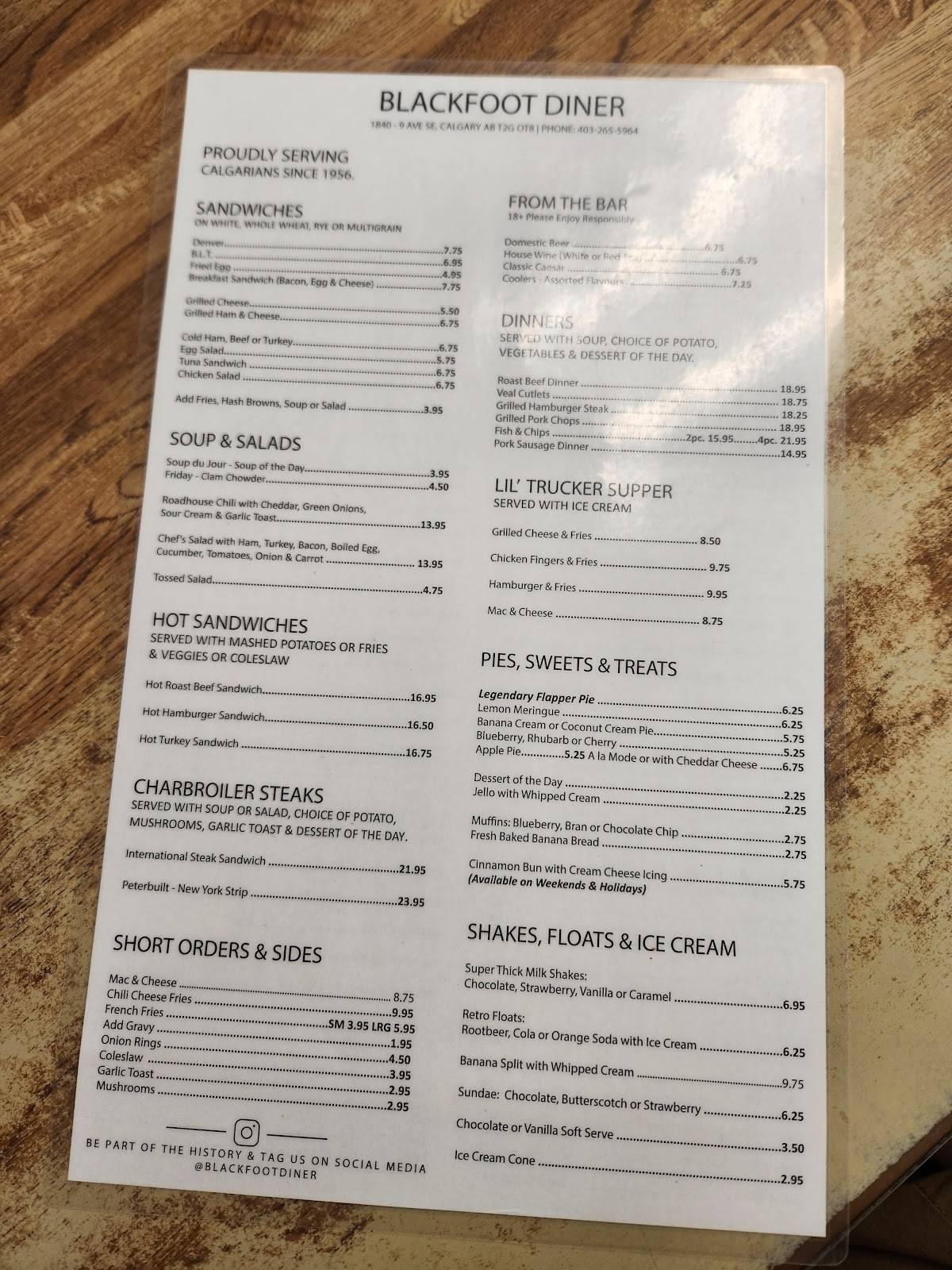 Menu at Blackfoot Truckstop Diner restaurant, Calgary