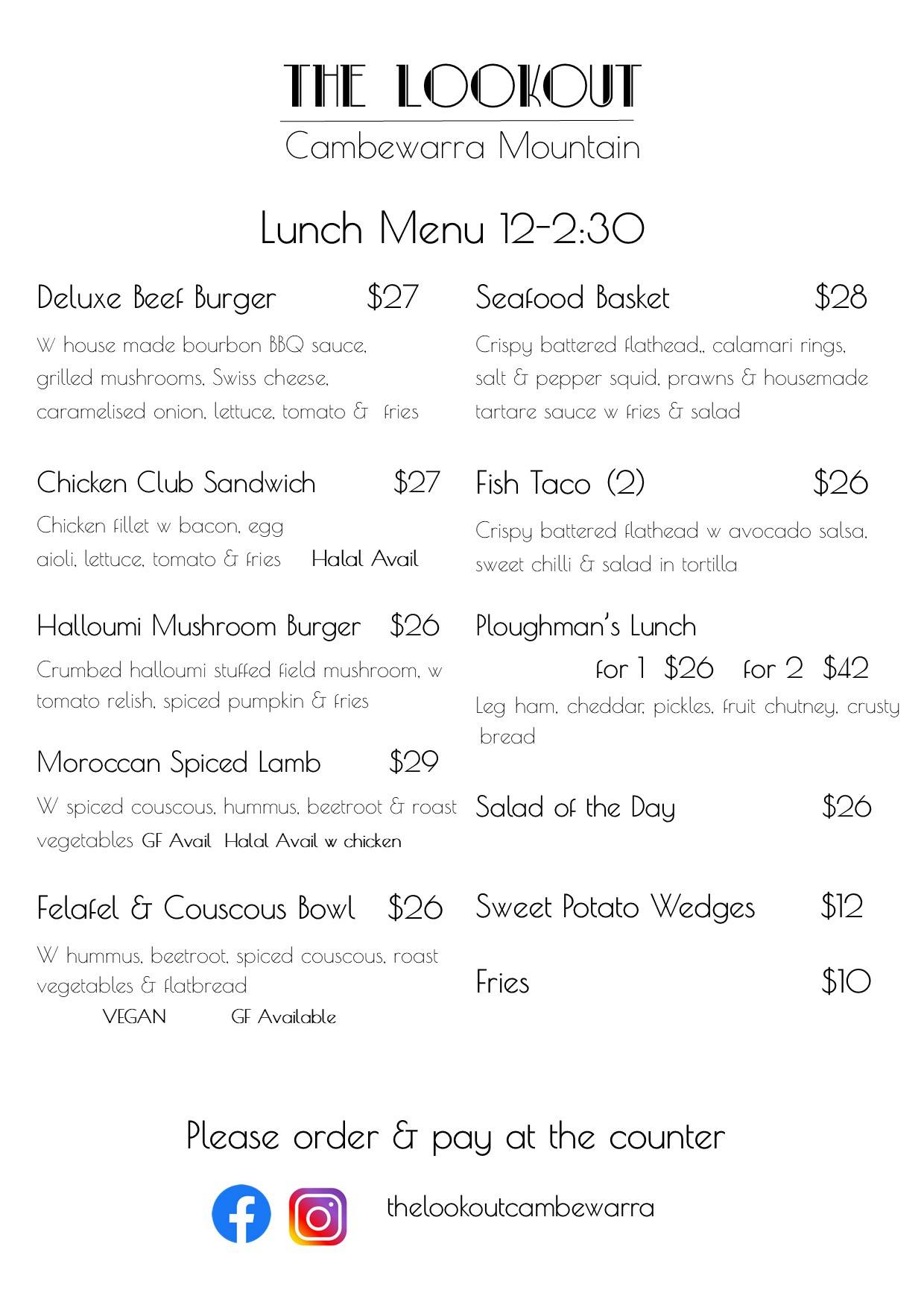 Menu at Cambewarra Mountain Lookout restaurant, Beaumont