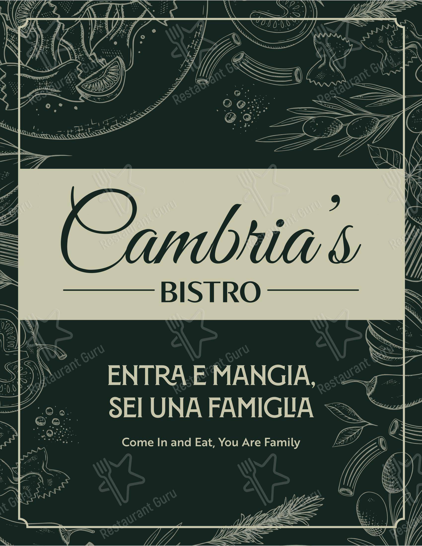 Menu at Cambria's Bistro restaurant, Wadsworth
