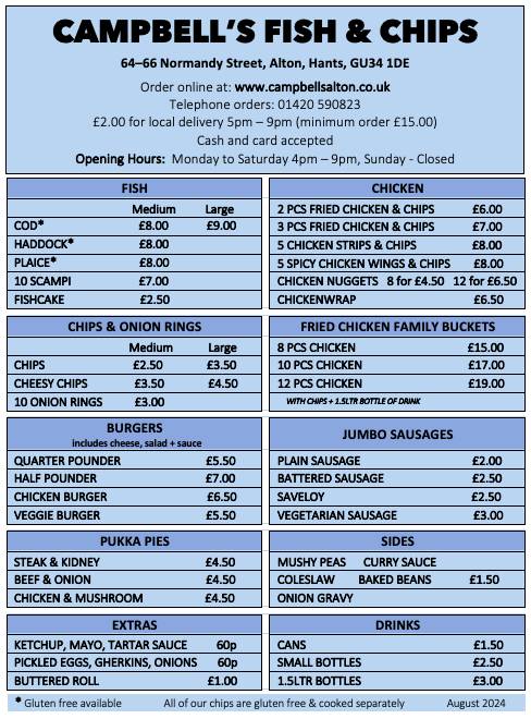 Menu at Campbell's Fish & Chips restaurant, Alton