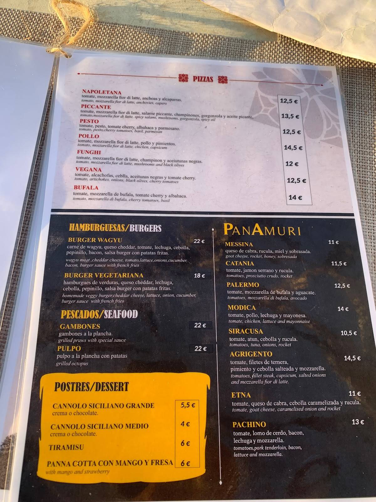Carta del restaurante Can Amuri, Portinatx