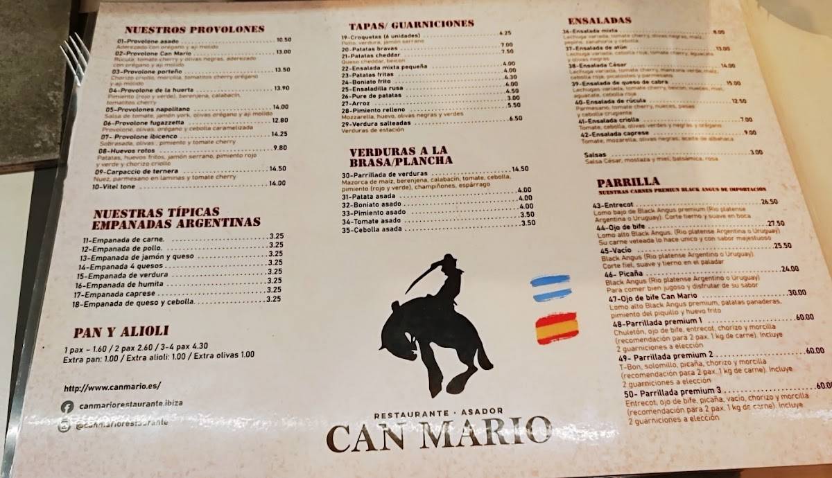 Menu at Can Mario restaurant, Ibiza, C/ de Navarra