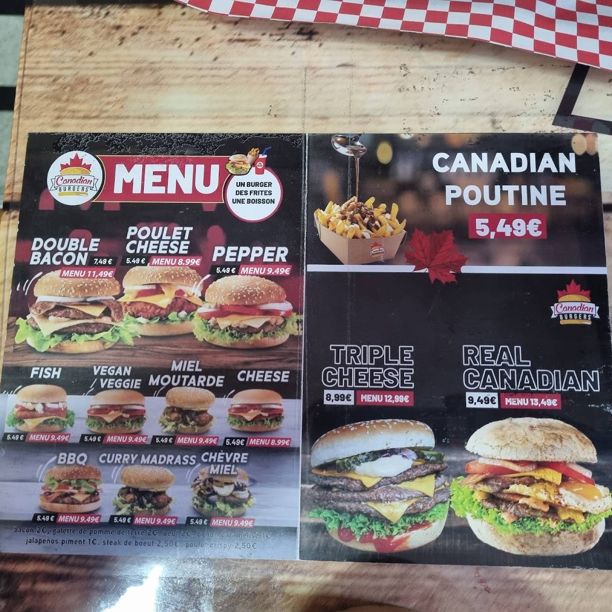 Menu au Canadian Burgers Visé, Vise