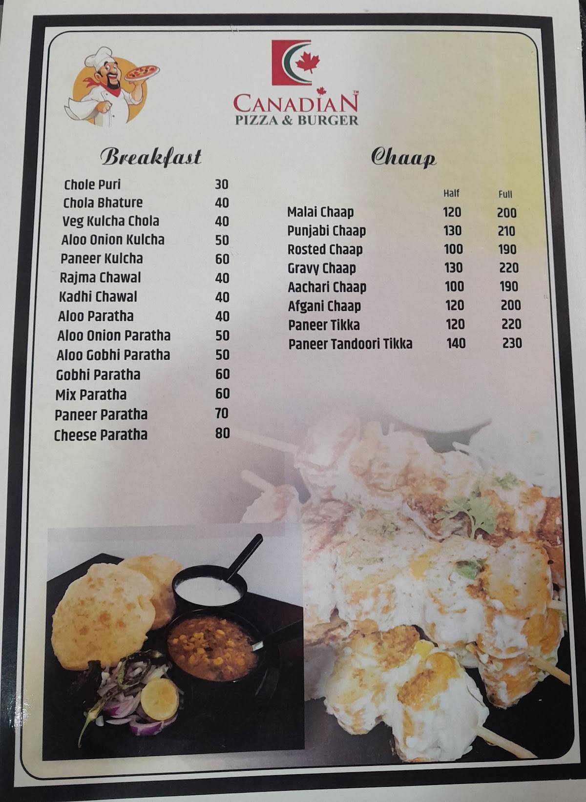 Menu at Canadian pizza burger restaurant, India