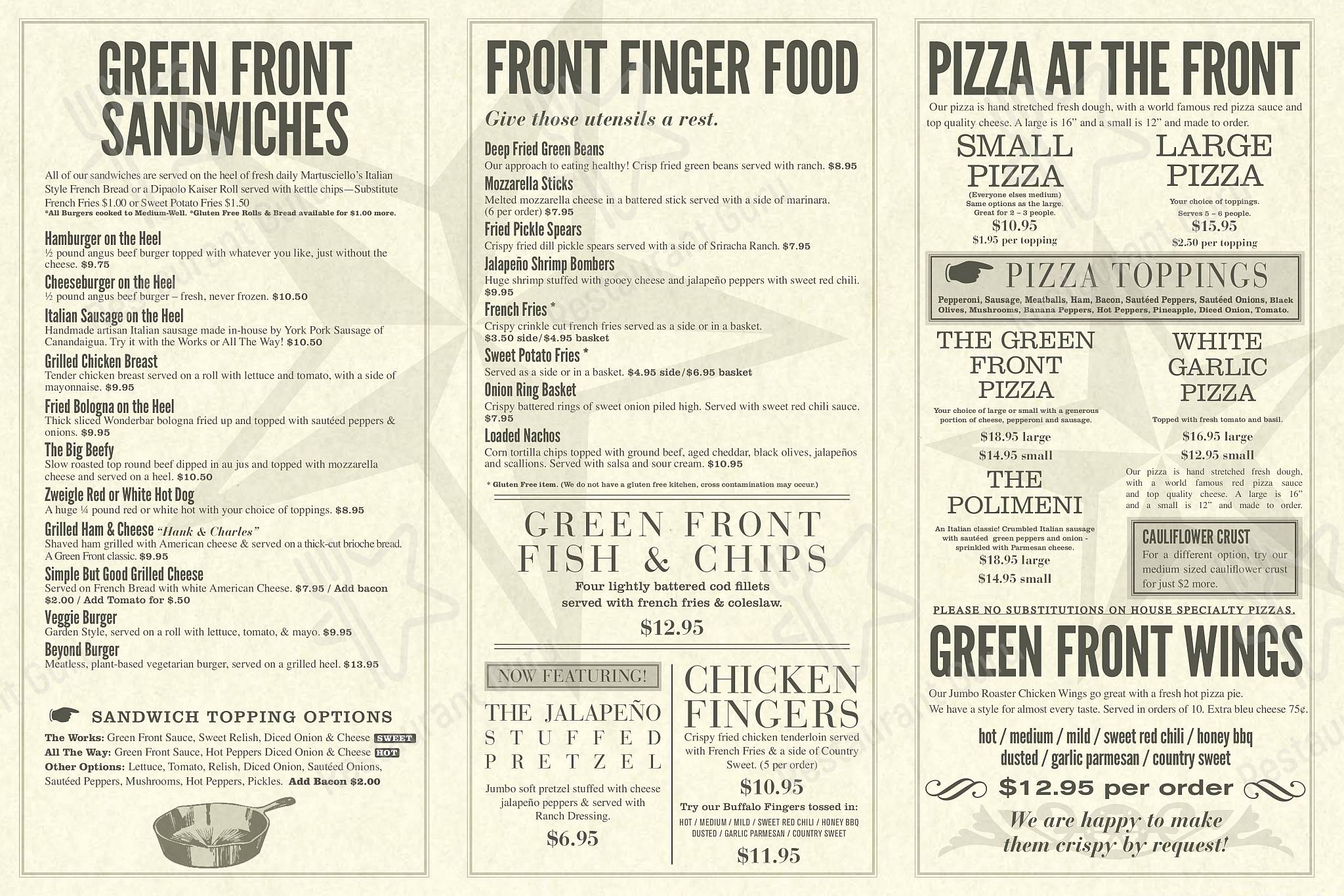 Menu at Green Front restaurant, Canandaigua