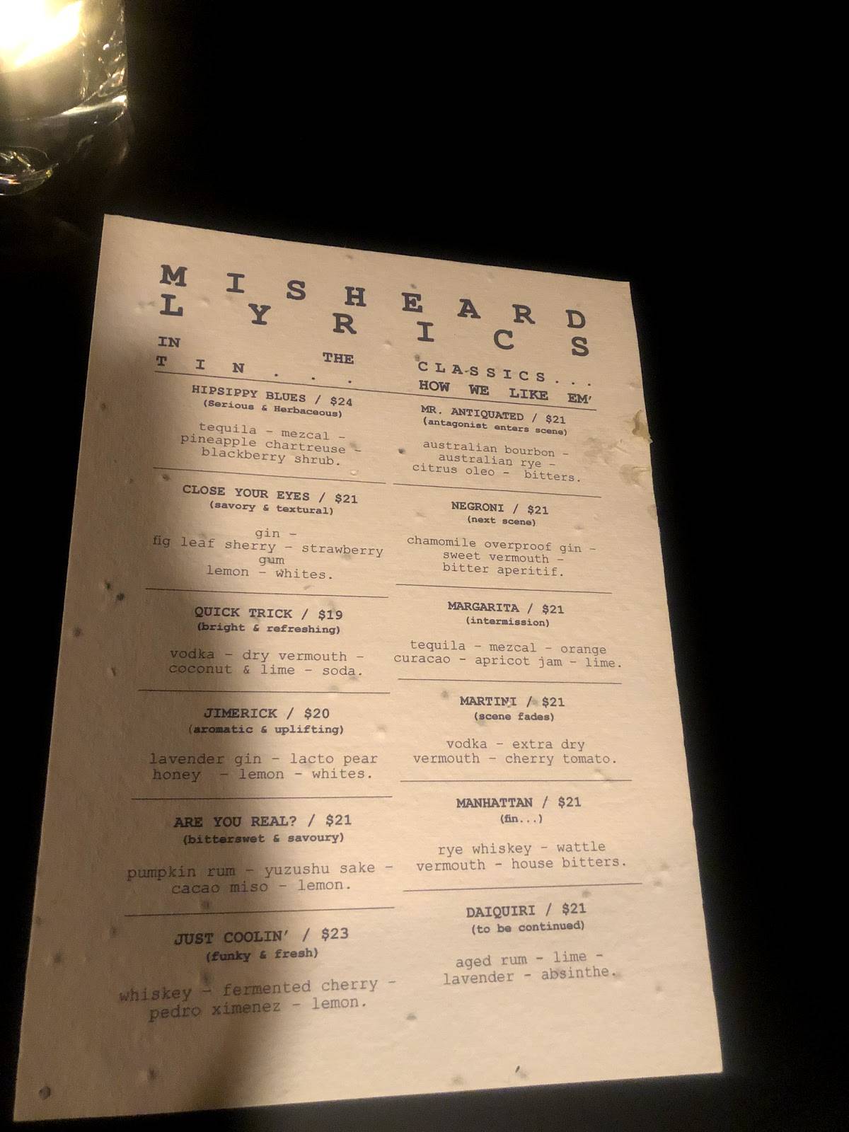 Menu at Mu restaurant, Canberra