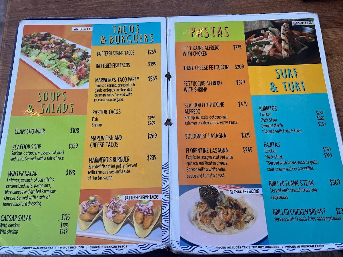Menu at Marinero's restaurant, Cancún
