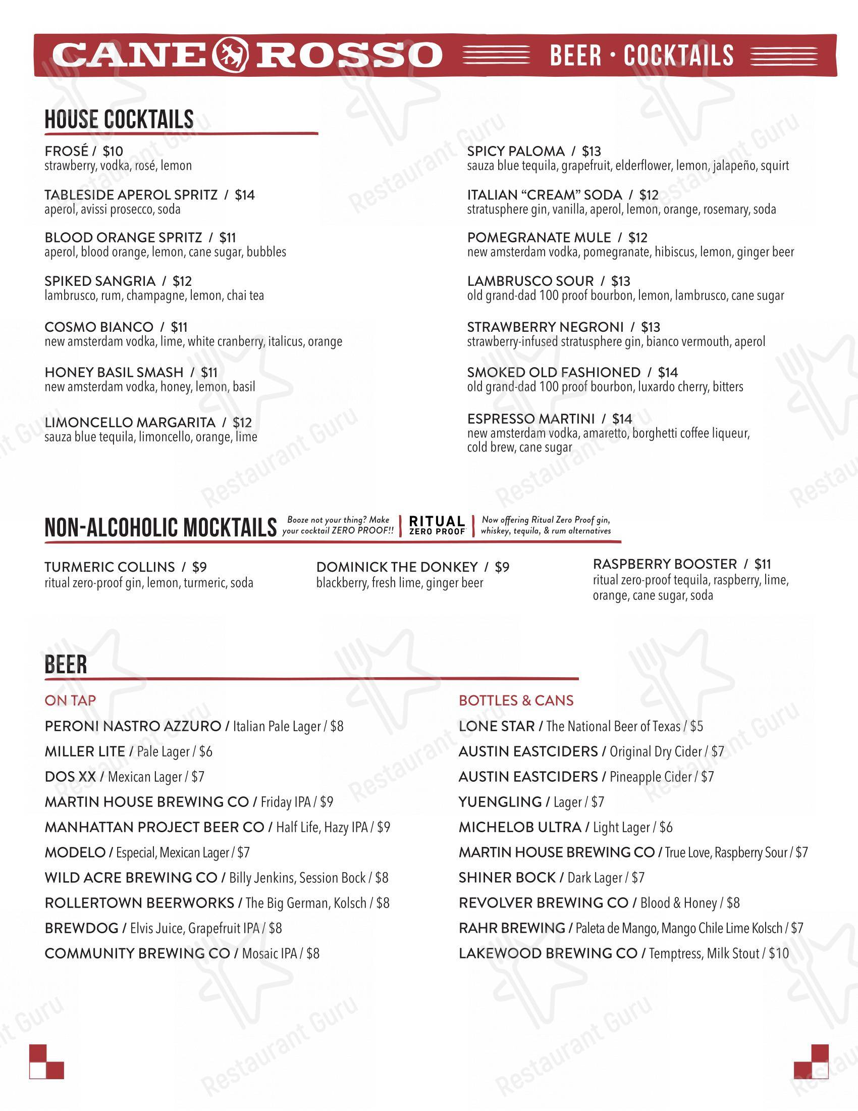 Menu at Cane Rosso pizzeria, Fort Worth