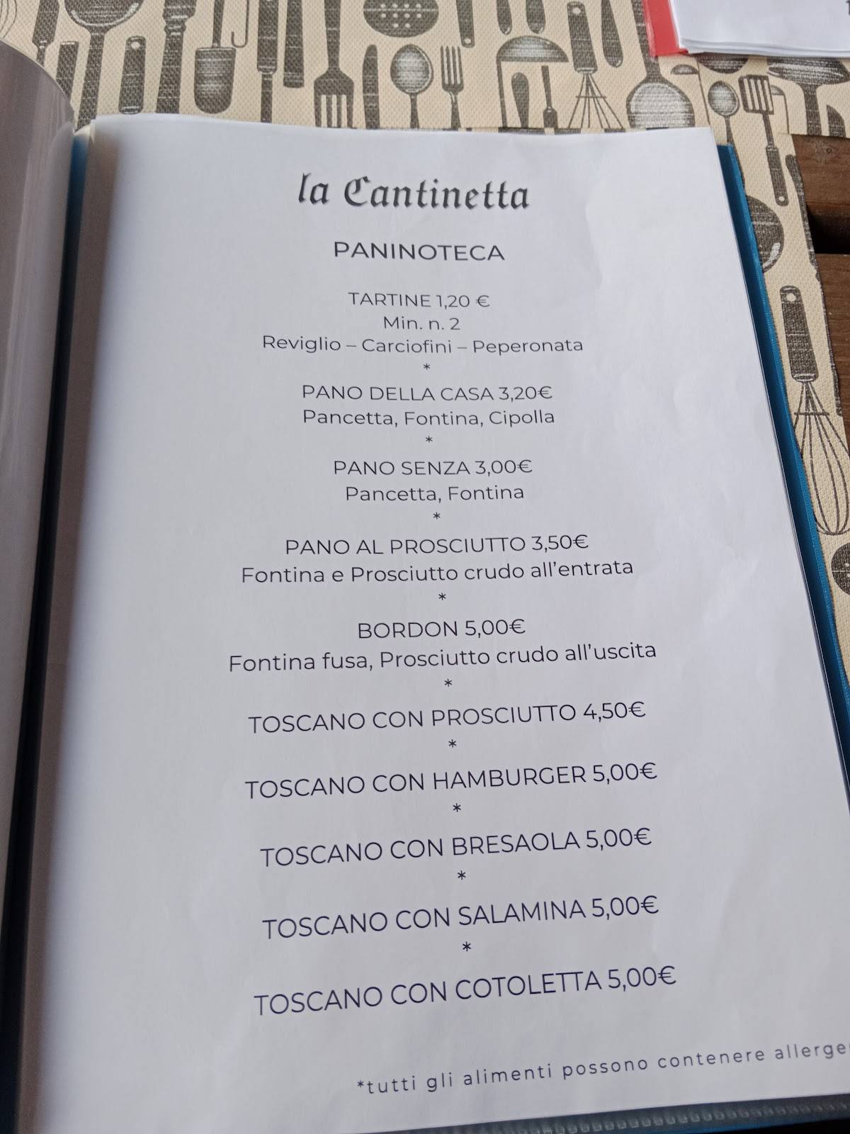 Menu da Cantinetta Bar Paninoteca, Ferrara