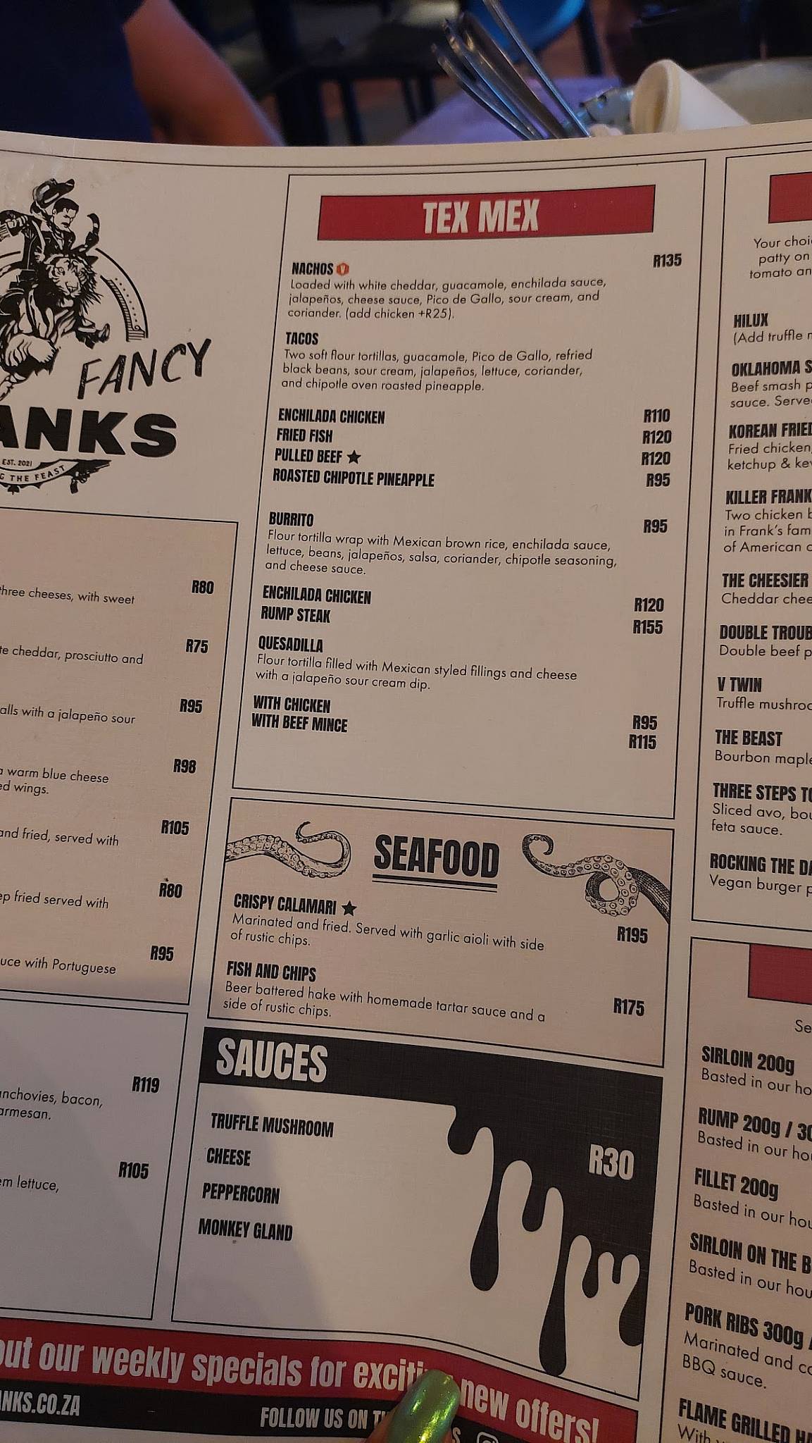 Menu at Fancy Frank's Bothasig restaurant, Cape Town