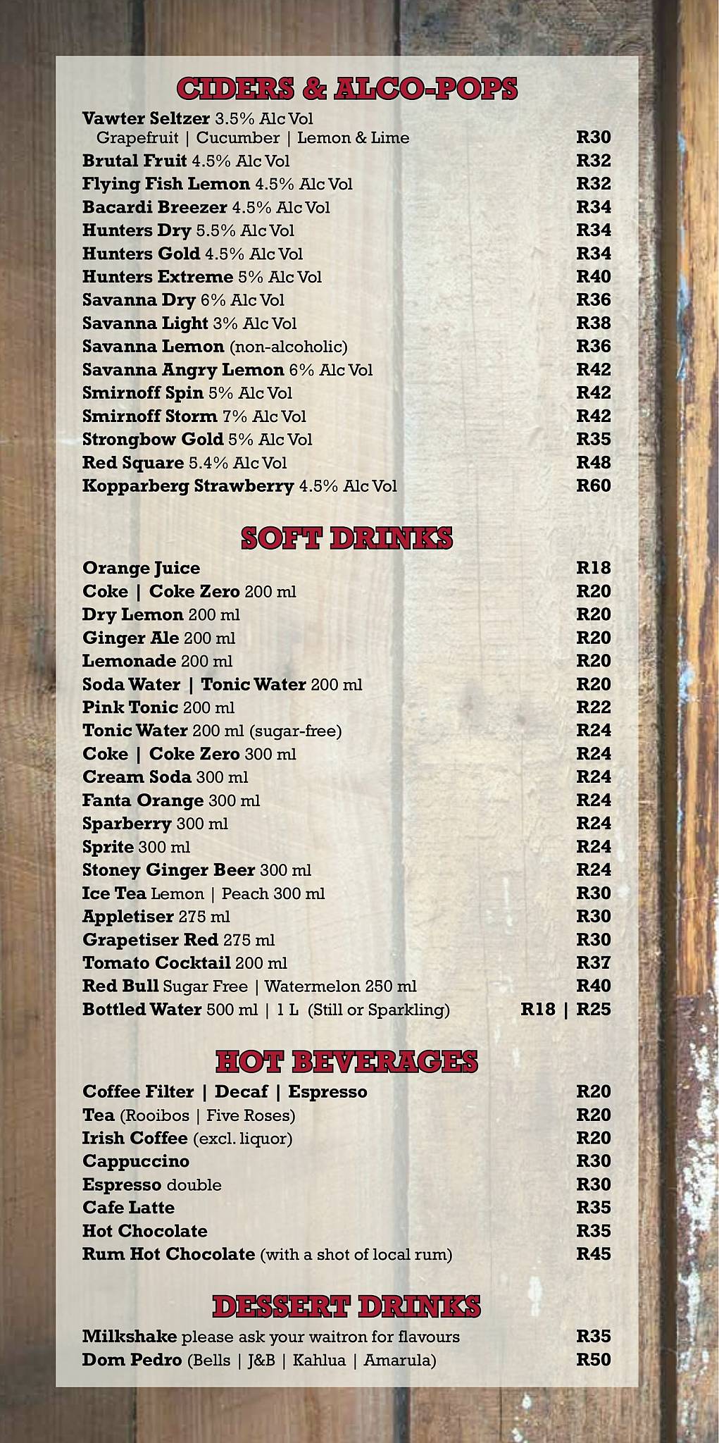 Menu at Franschhoek Station Pub & Craft Bar, Franschhoek