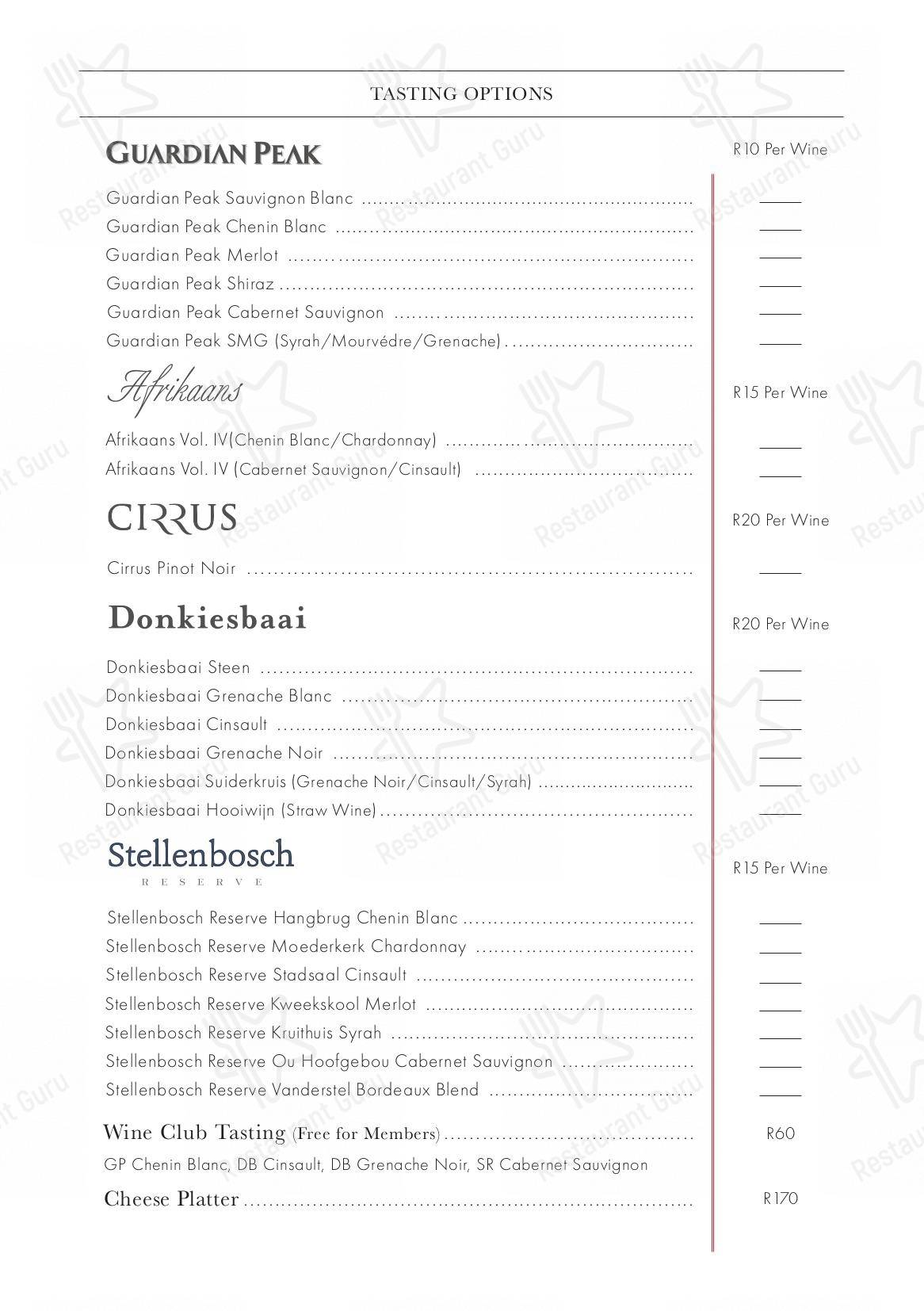 Menu at Guardian Peak Winery & Grill restaurant, Stellenbosch