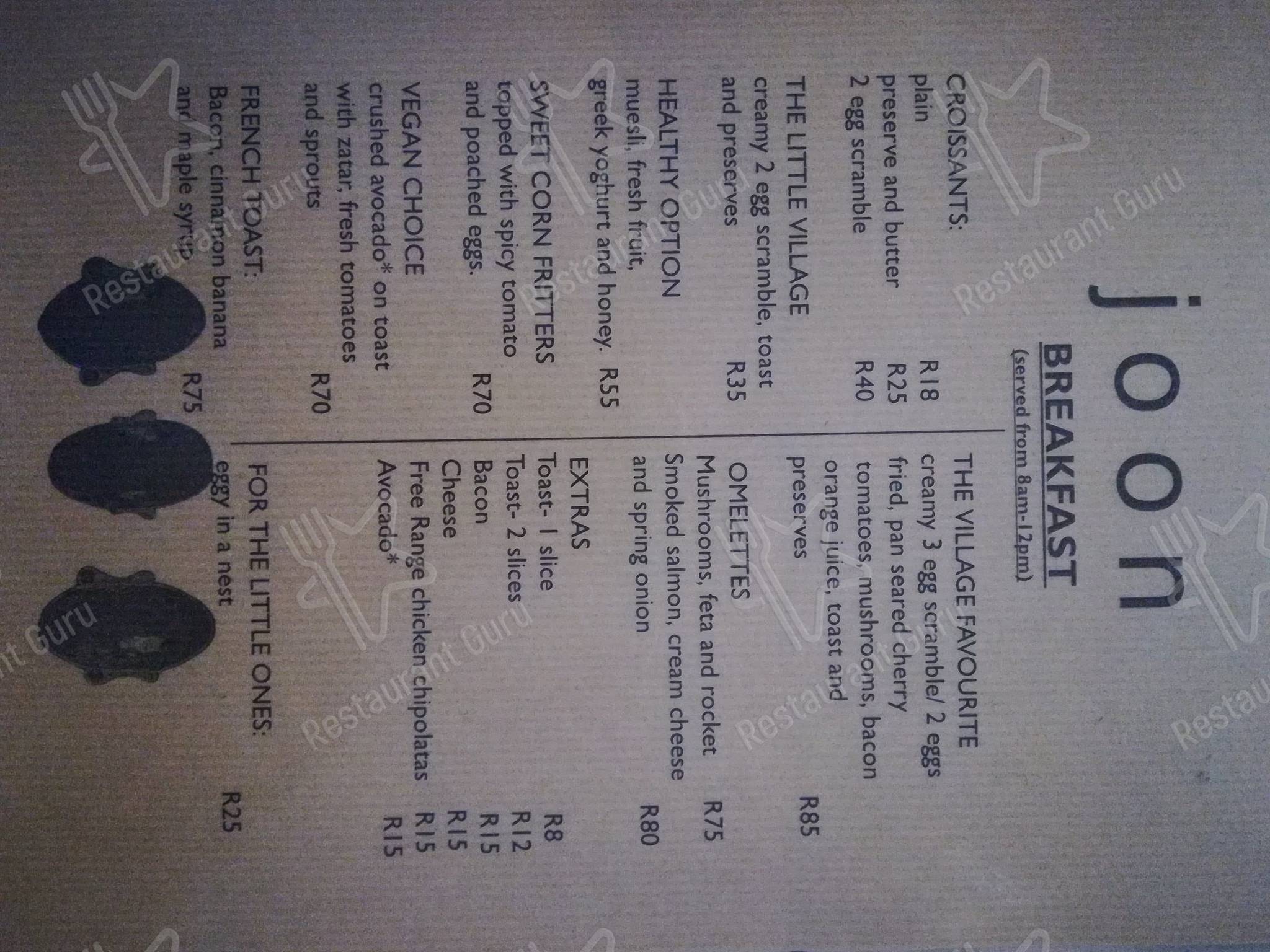 Menu at Joon restaurant, Cape Town