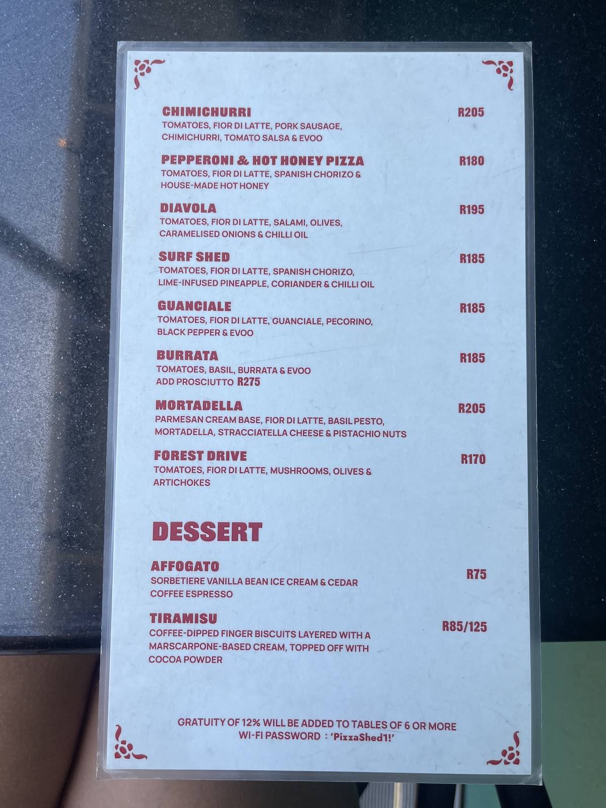 Menu at Pizza Shed Observatory pizzeria, Cape Town, 242 Lower Main Rd
