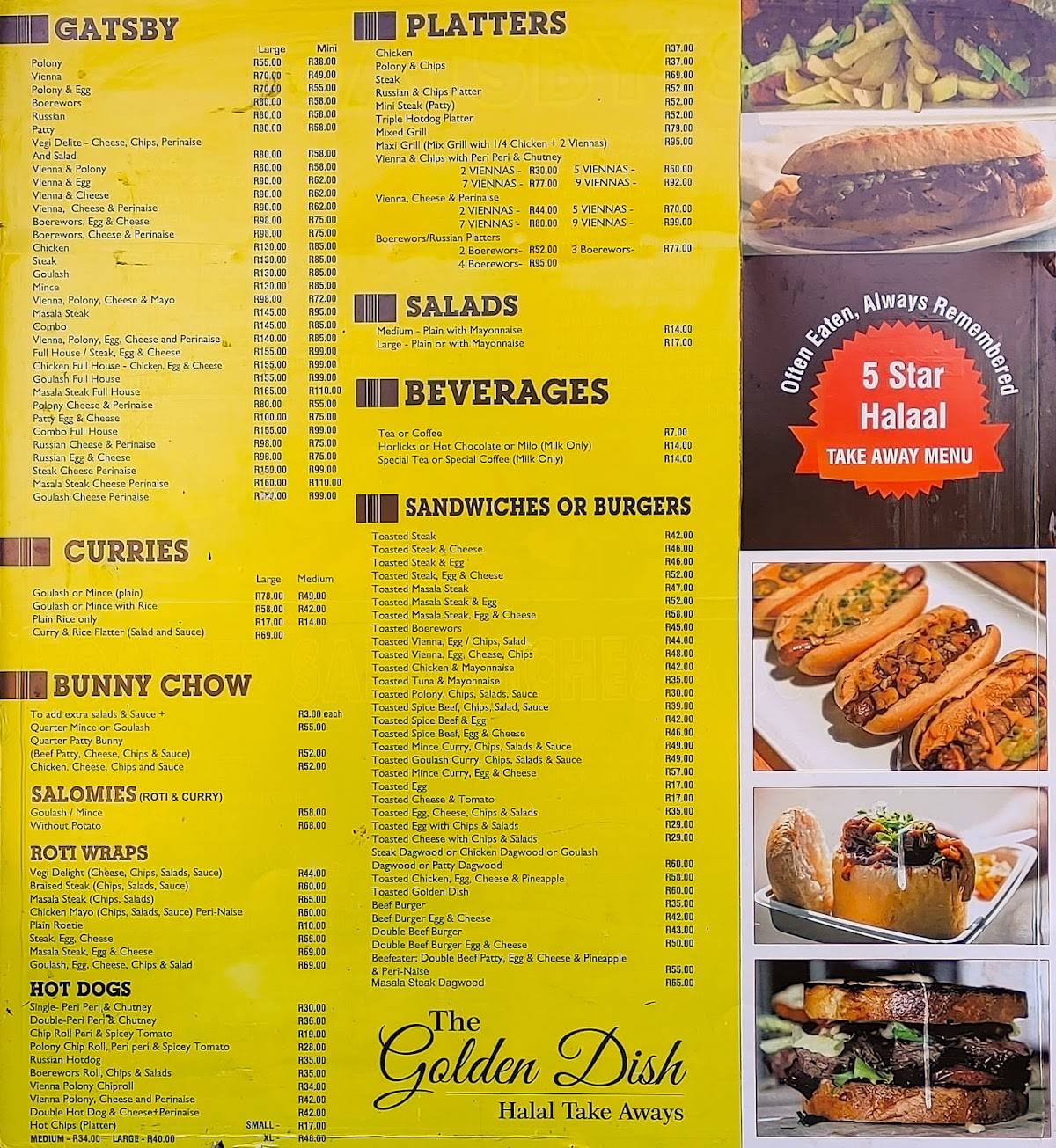 Menu at The Golden Dish restaurant, Cape Town