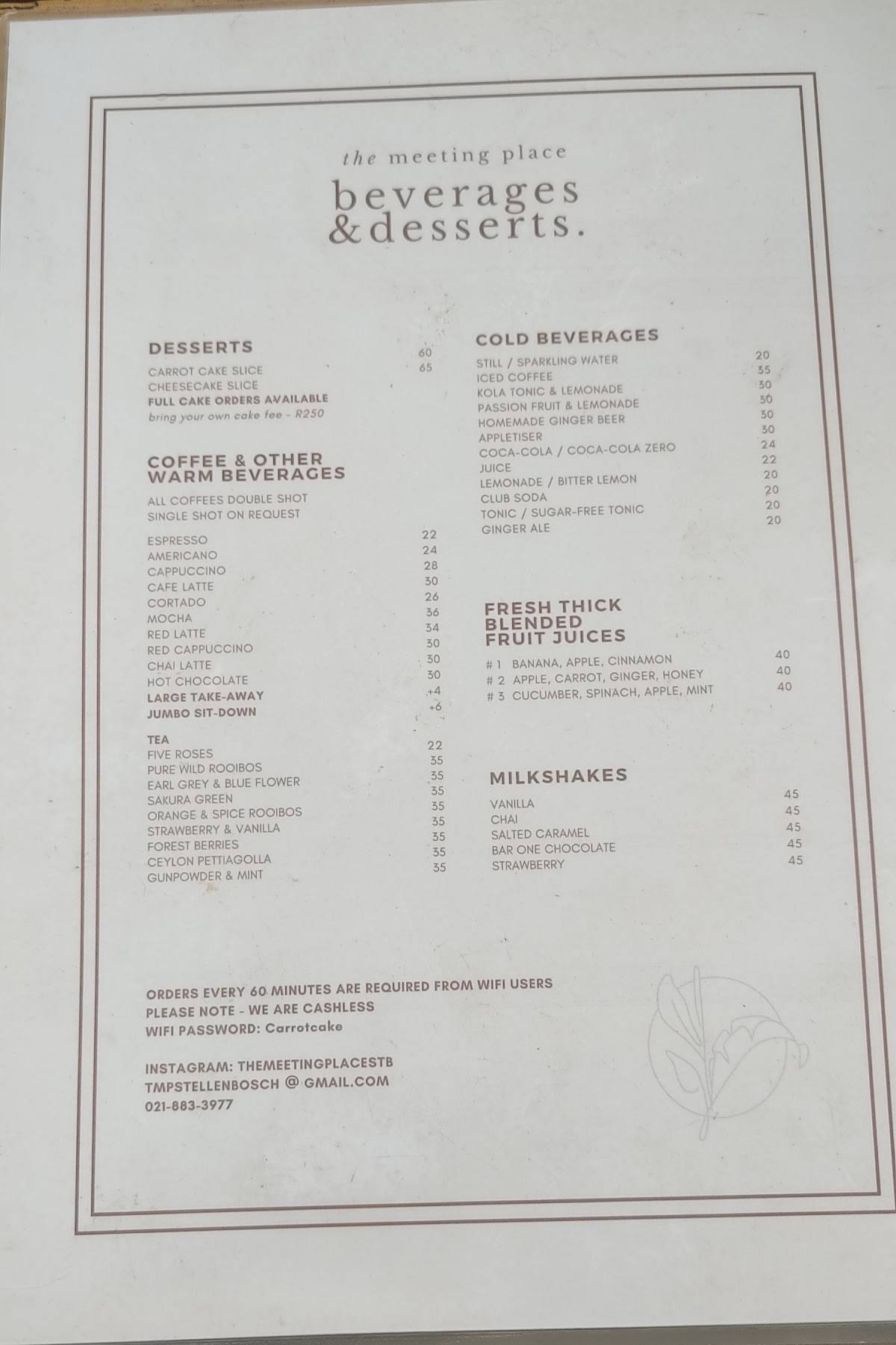 Menu at The Meeting Place. restaurant, Stellenbosch, 87 Dorp St