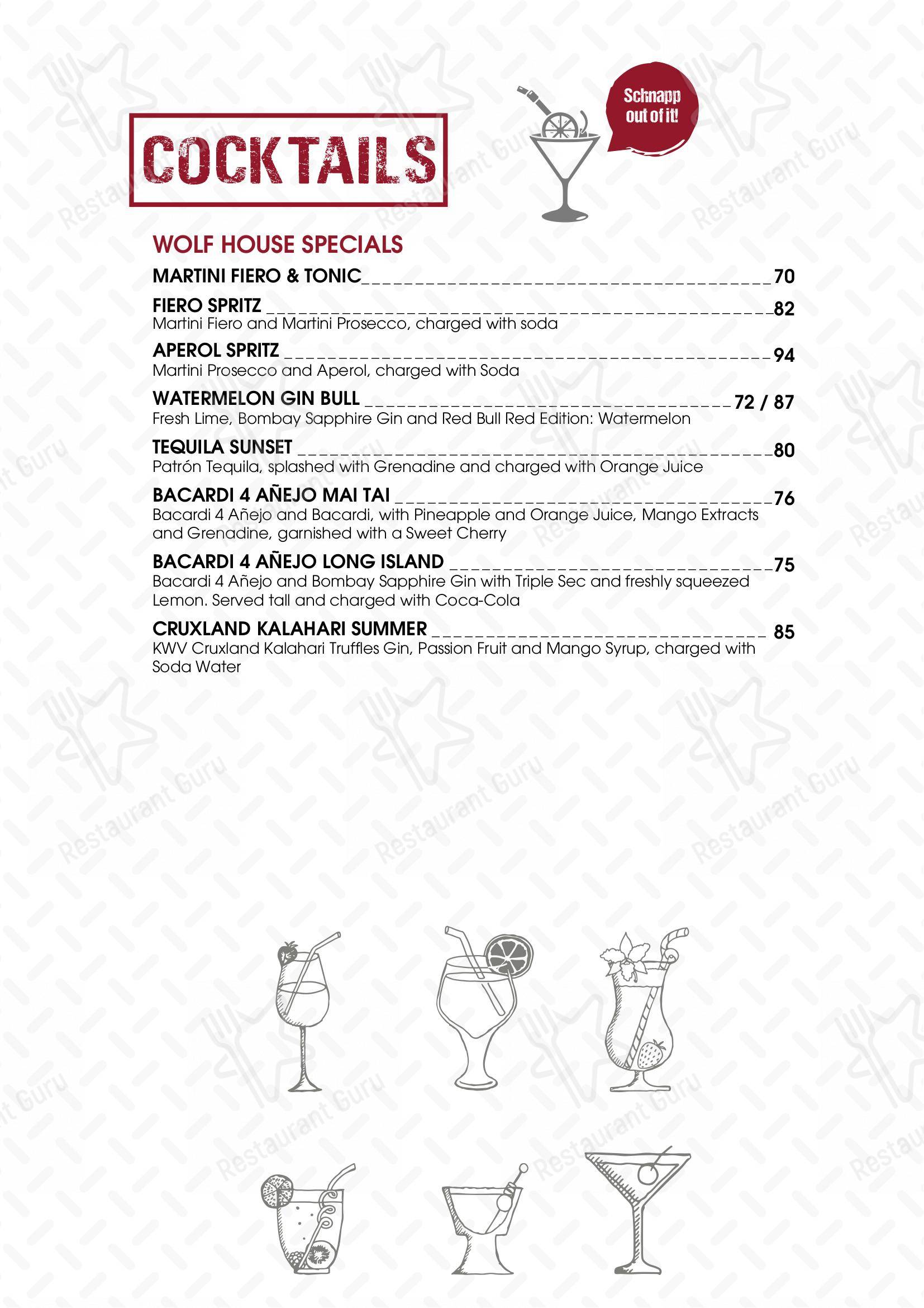 Menu at The Wolf House restaurant, Cape Town