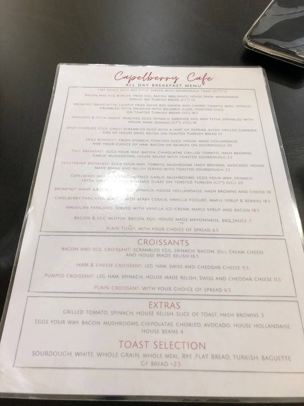 Menu at Capelberry Cafe, Capel