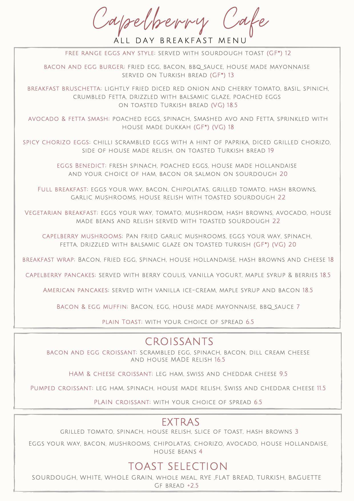 Menu at Capelberry Cafe, Capel