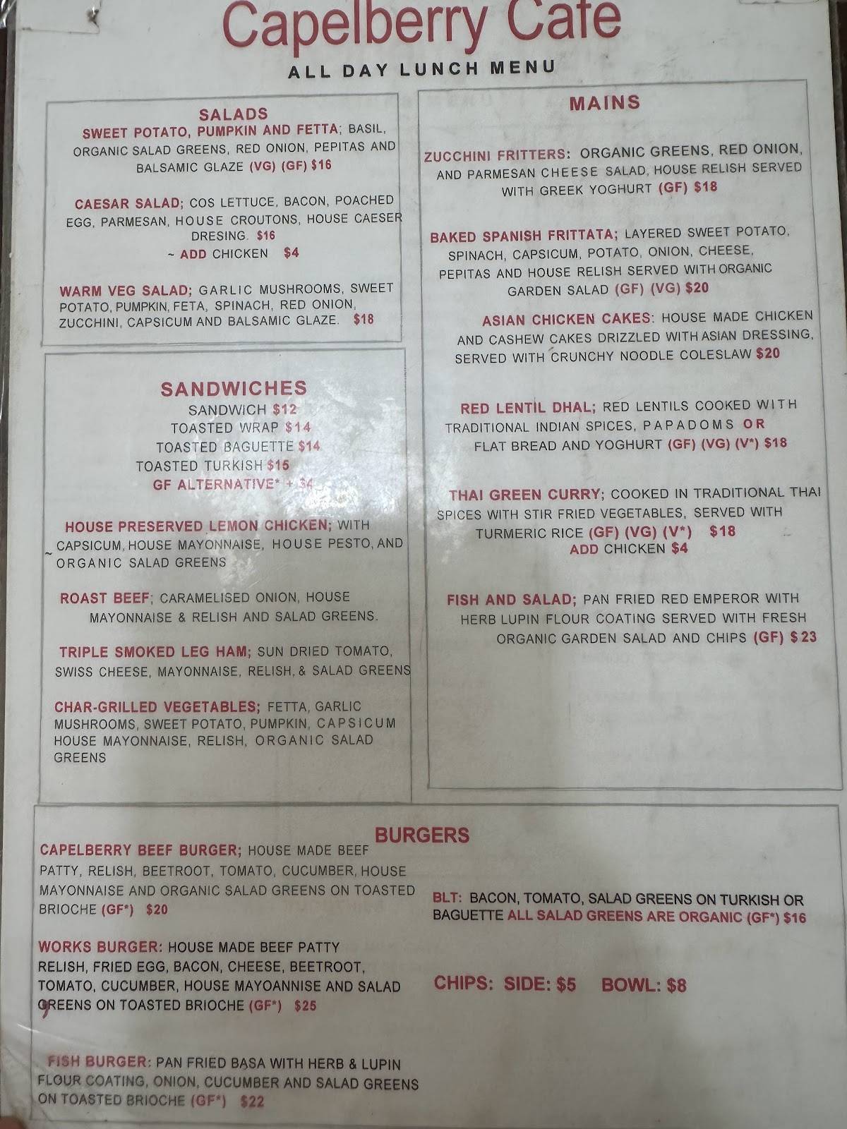 Menu at Capelberry Cafe, Capel