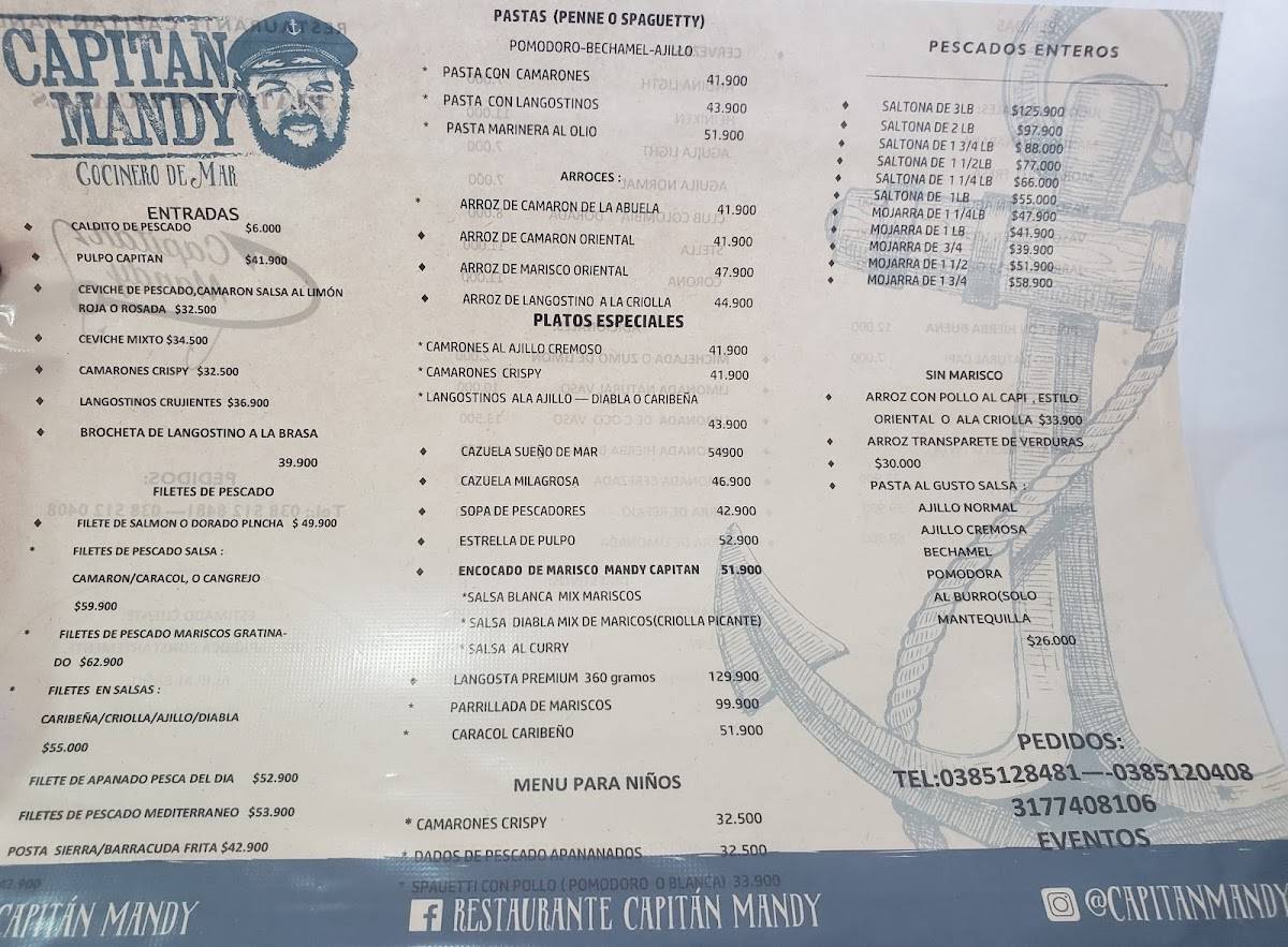 Carta del restaurante Capitan Mandy, San Andrés
