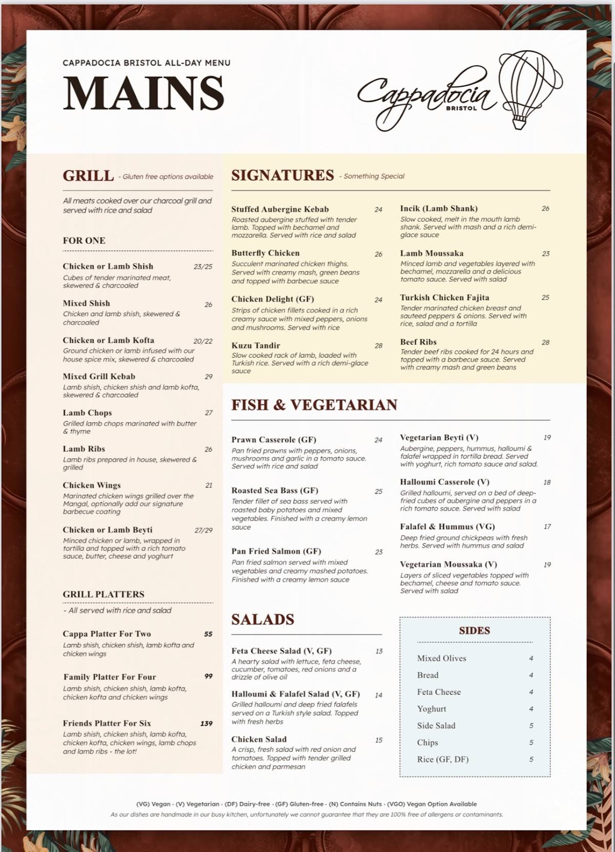 Menu at Cappadocia Restaurant, Bristol
