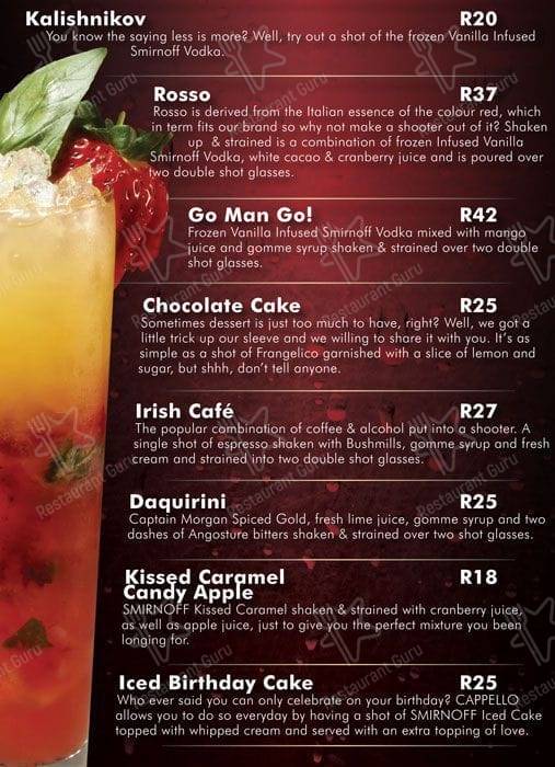 Menu at CAPPELLO. pub & bar, Bloemfontein