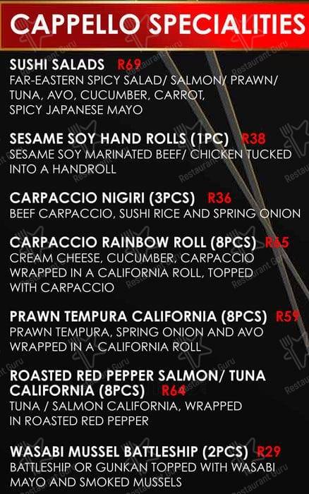 Menu at CAPPELLO. pub & bar, Bloemfontein