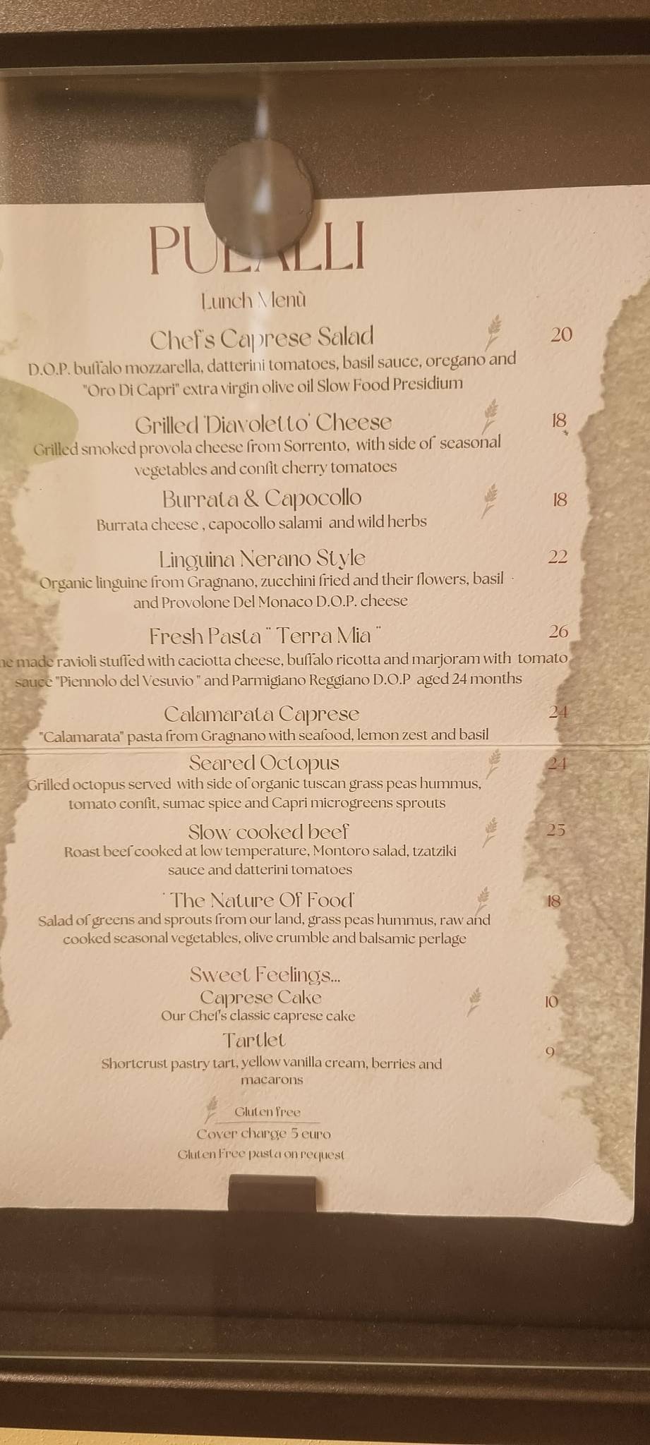 Menu at Pulalli pub & bar, Capri, Piazza Umberto I